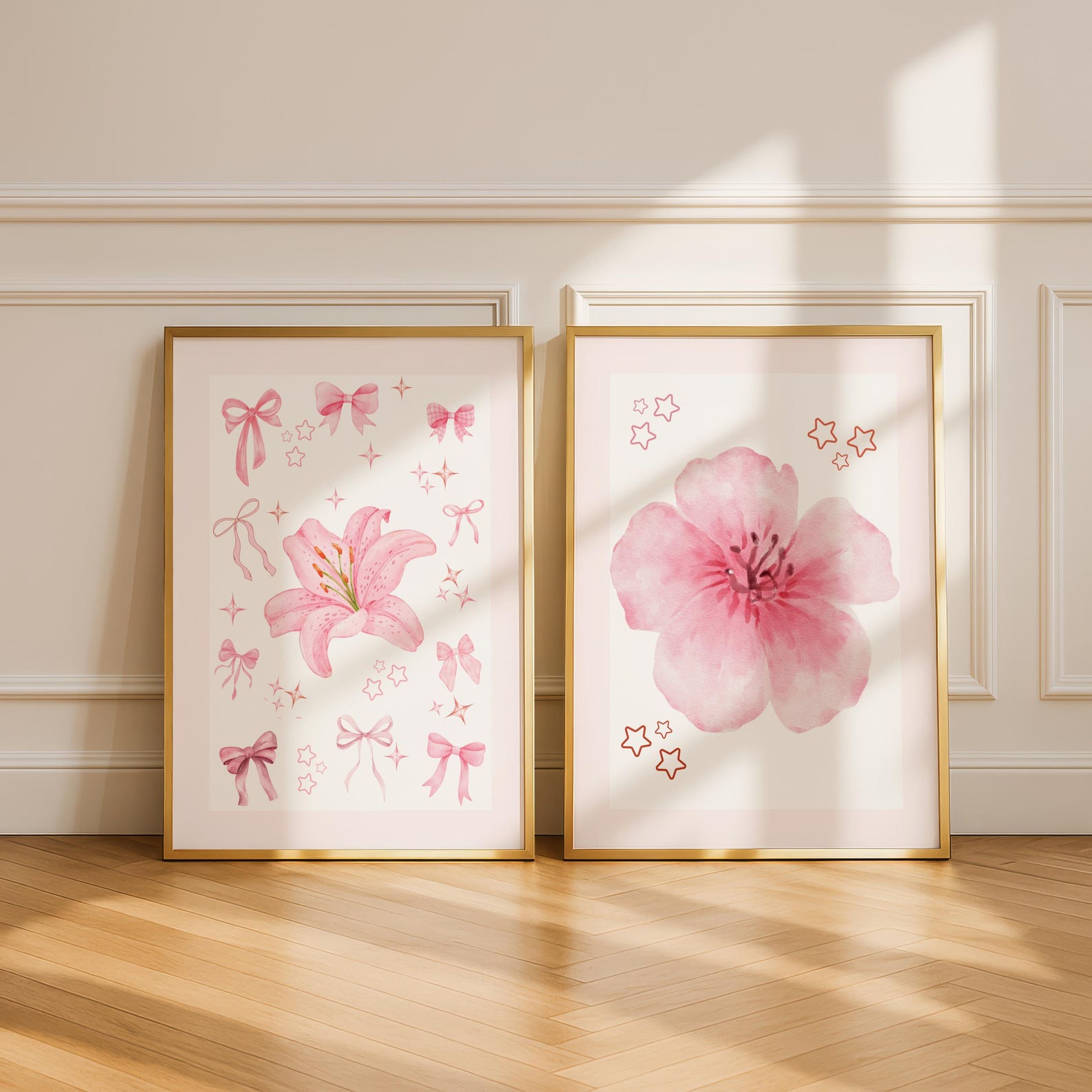 Girls Room Pink Floral Wall Art Set, Nursery Wall Decor, Digital ...