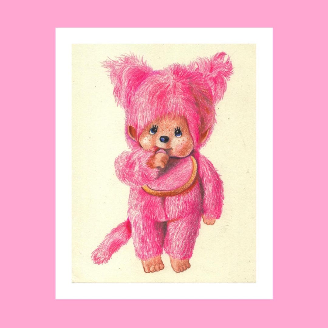 Pink Monchhichi Art Print, Illustration, Kitsch Art, Cute Monkey Art ...