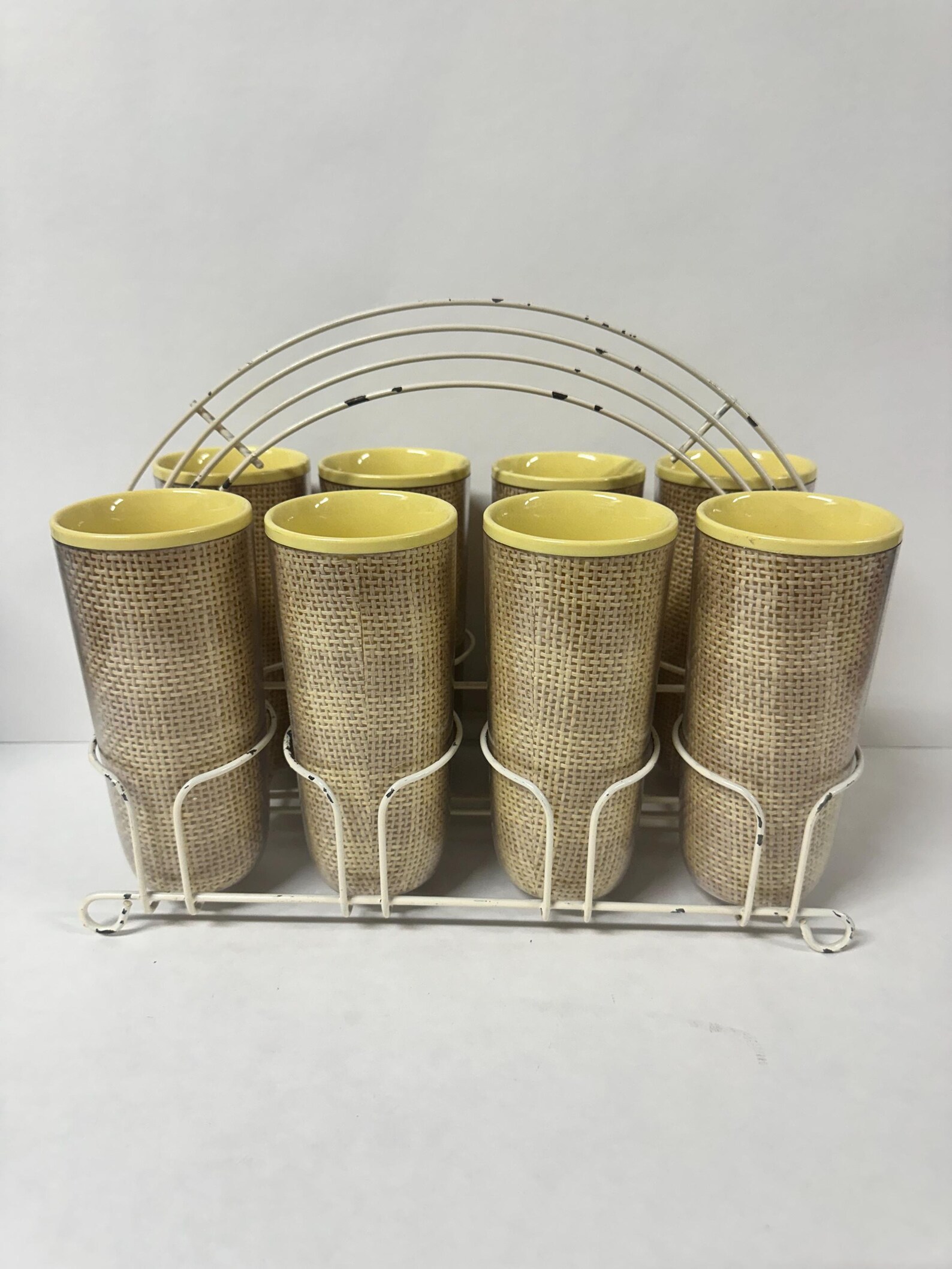 Set of 8 Vintage 1960's Yellow Raffiaware Burlap Cups and Metal Holder ...