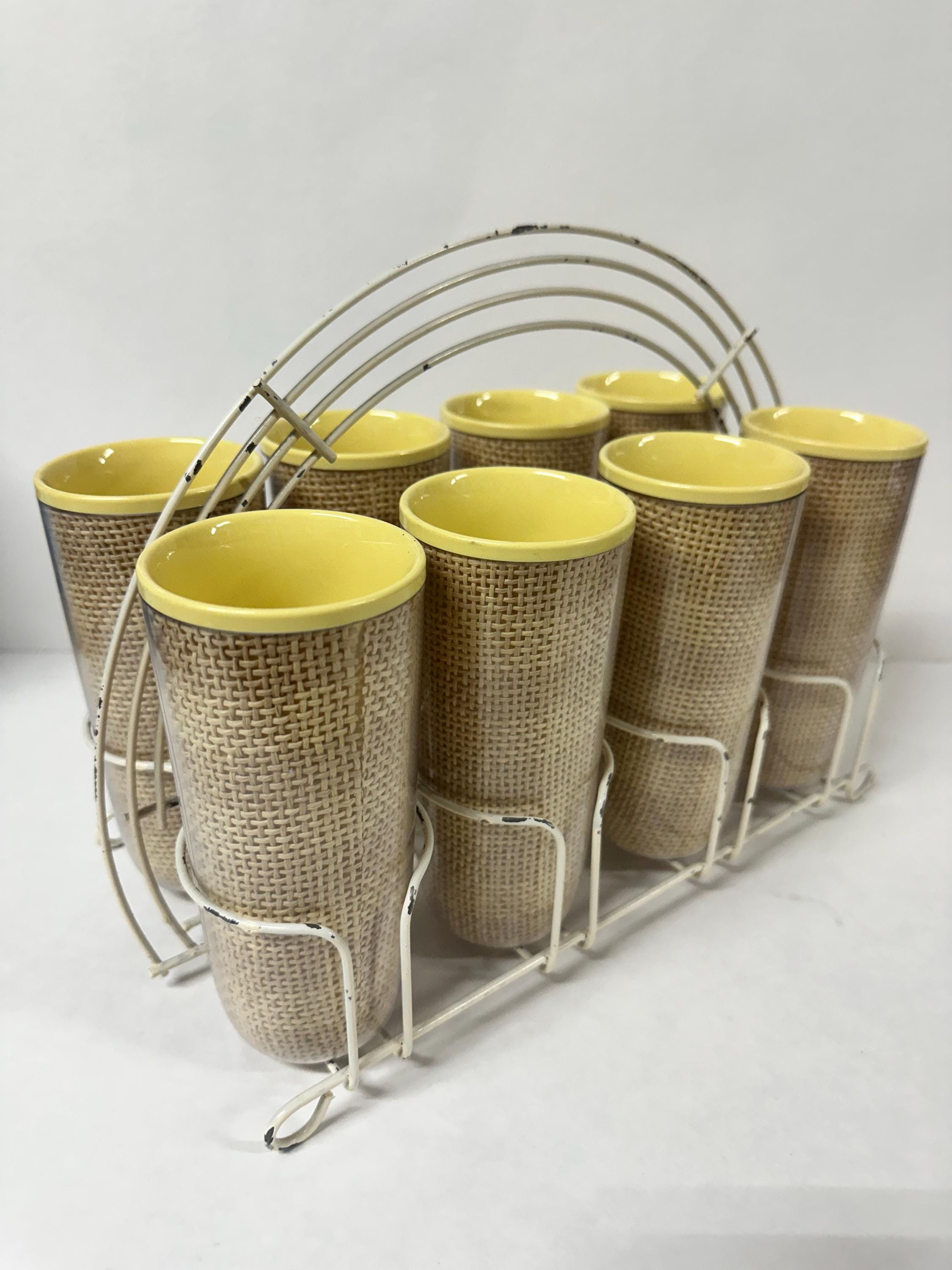 Set of 8 Vintage 1960's Yellow Raffiaware Burlap Cups and Metal Holder ...