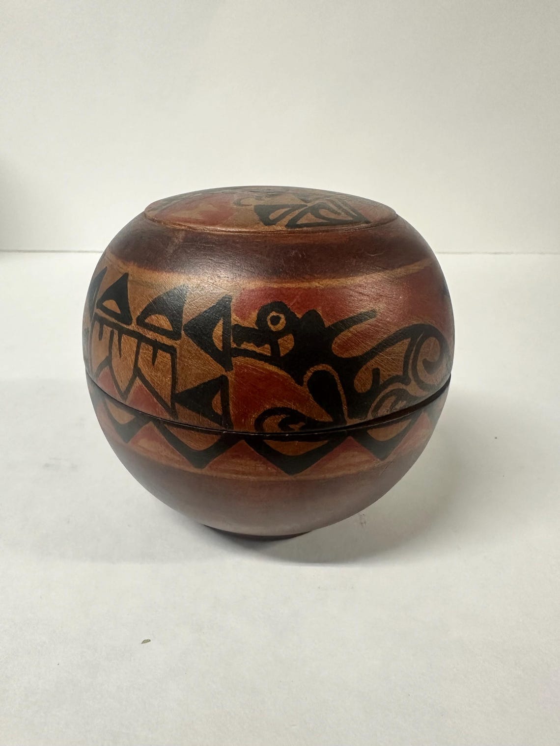 Vintage Hand-carved Wooden Trinket Sphere With Hand-painted Indigenous ...