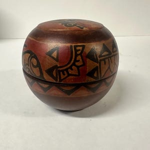 Vintage Hand-carved Wooden Trinket Sphere With Hand-painted Indigenous ...