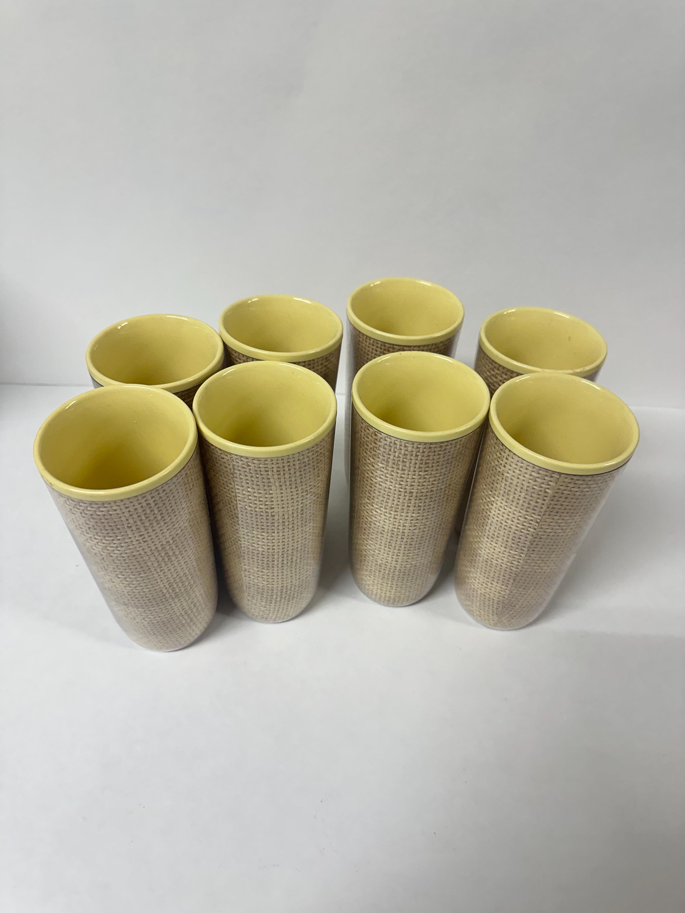 Set of 8 Vintage 1960's Yellow Raffiaware Burlap Cups and Metal Holder ...
