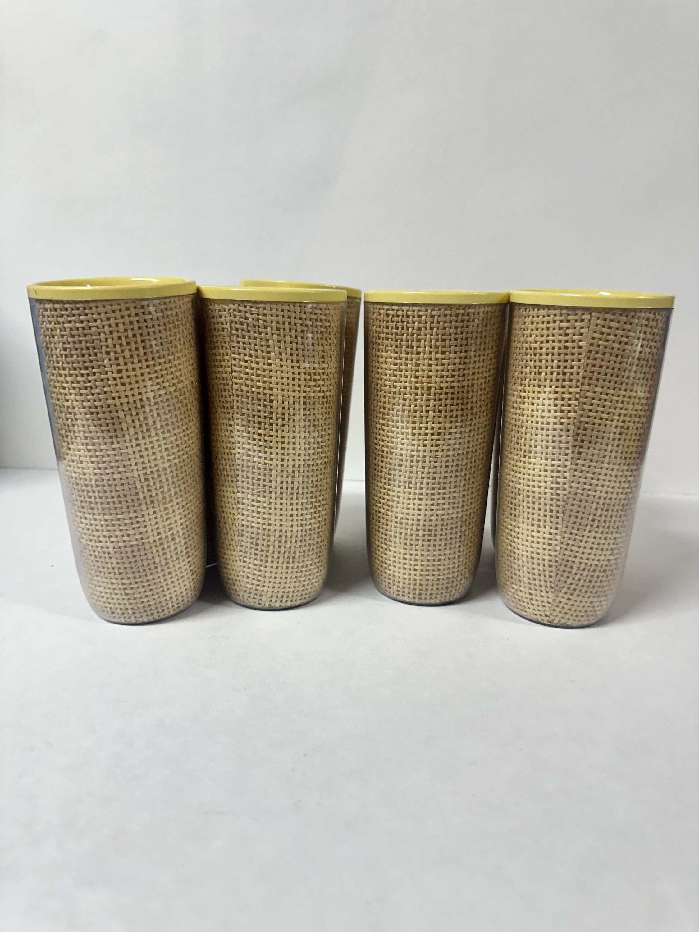 Set of 8 Vintage 1960's Yellow Raffiaware Burlap Cups and Metal Holder ...
