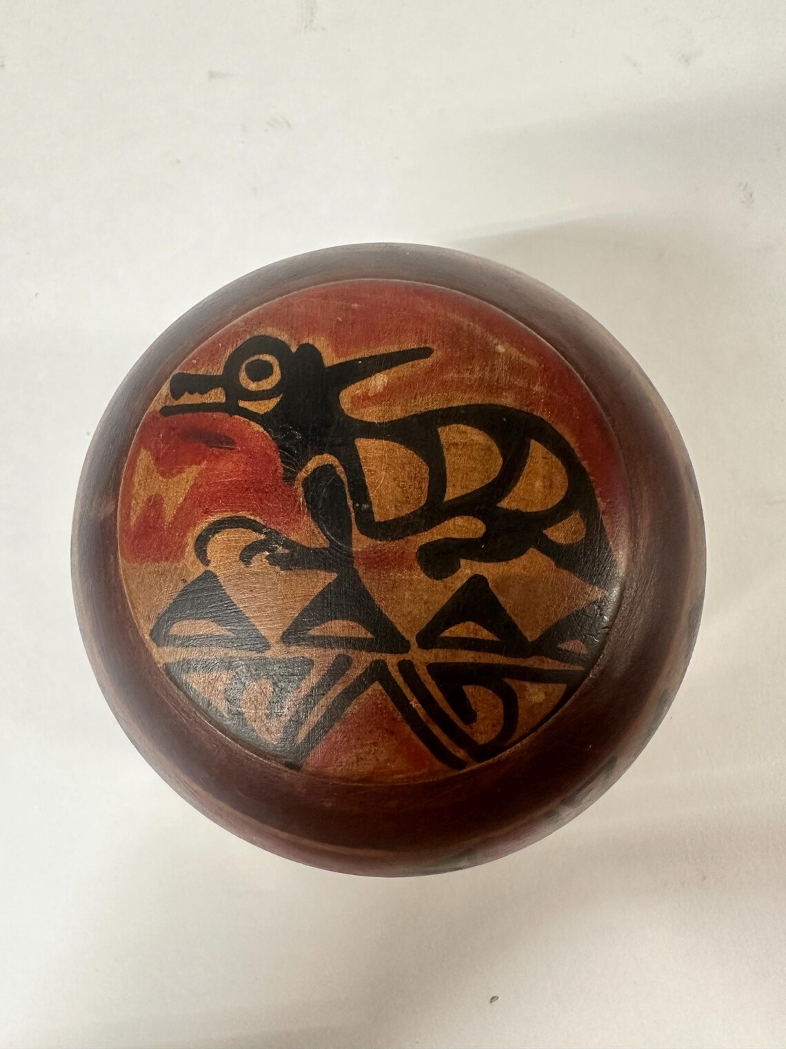 Vintage Hand-carved Wooden Trinket Sphere With Hand-painted Indigenous ...