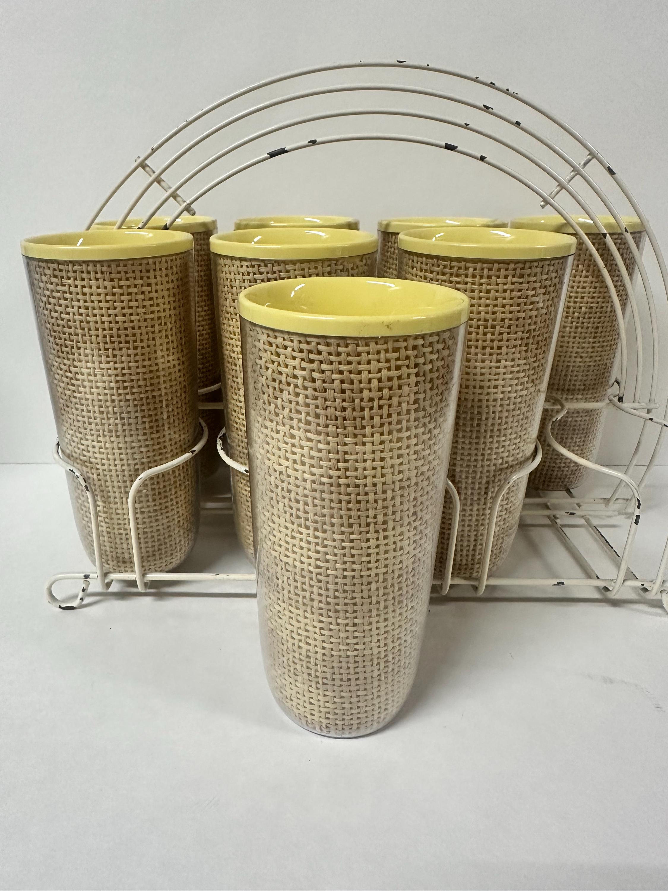 Set of 8 Vintage 1960's Yellow Raffiaware Burlap Cups and Metal Holder ...