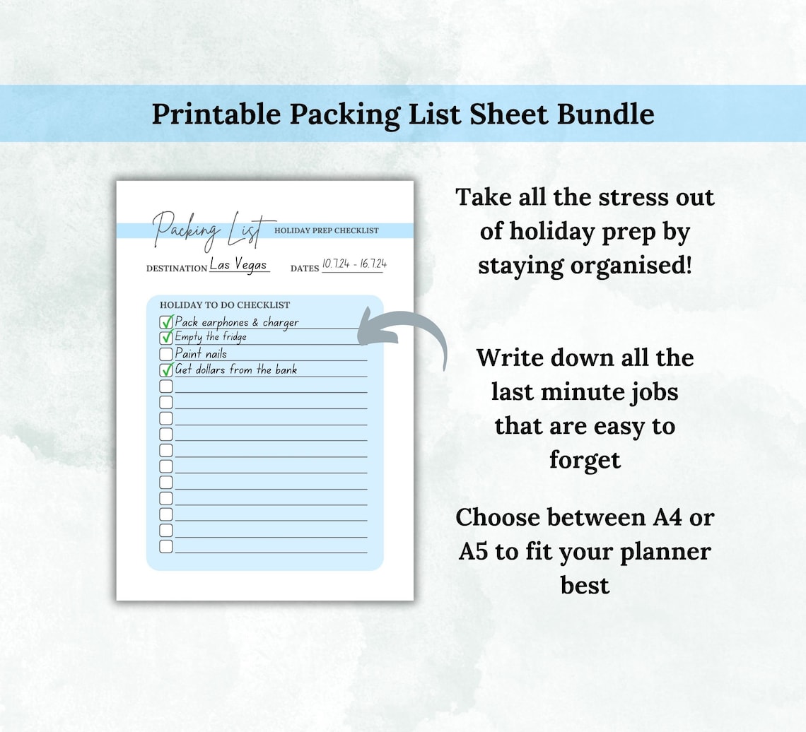 Holiday Vacation Printable Packing List Sheets. Downloadable Planner ...