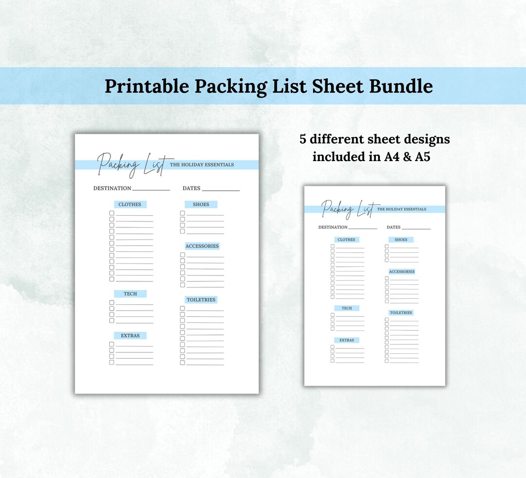 Holiday Vacation Printable Packing List Sheets. Downloadable Planner ...