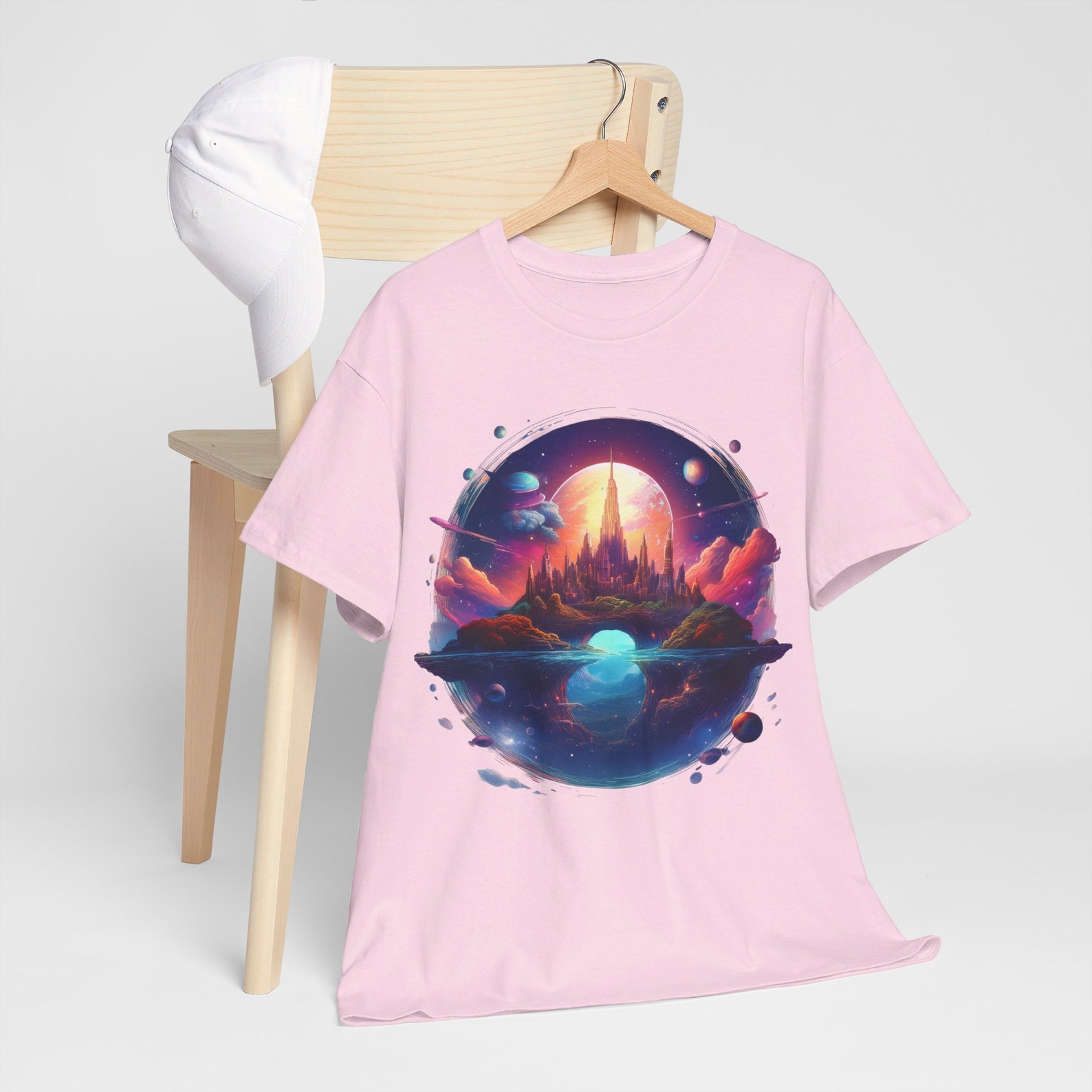 Cosmic Fantasy Cityscape T-shirt - Vibrant Surreal Art Tee, Sci-fi ...