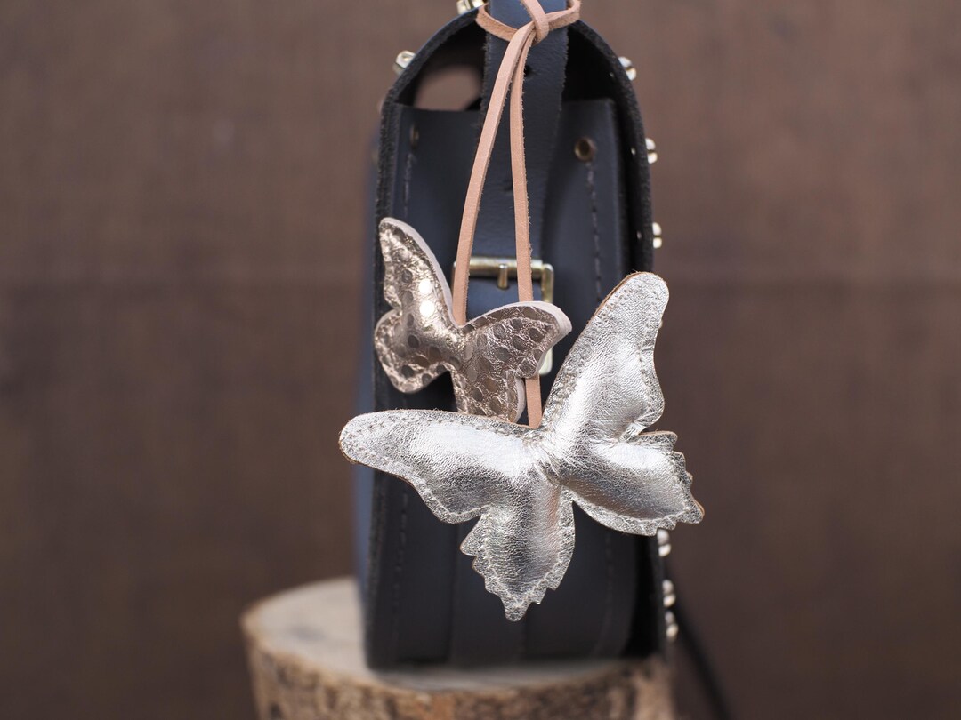 Dainty Butterflies Leather Bag Charm - Shiny Gold Metallic Key Chain ...