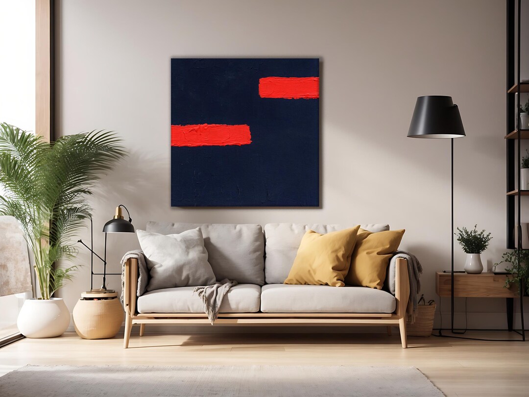 Abstract Oil Painting, Bold Red Lines on Navy Blue, Contemporary Decor ...