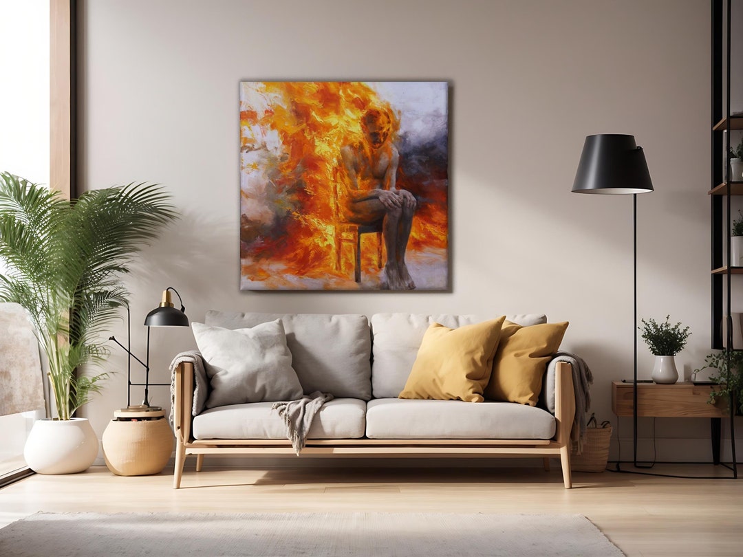 Burning and Crying Man Oil Painting, Man Nude, Emotional Body, Original ...