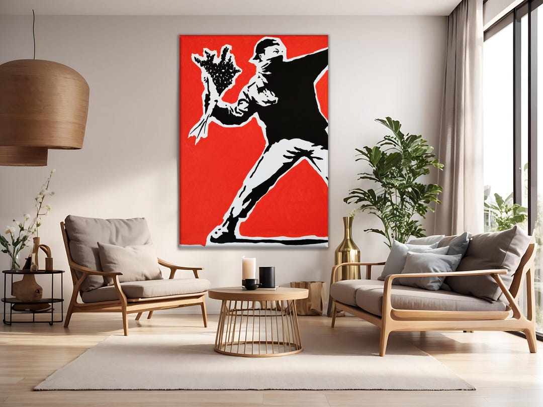 Banksy Flower Thrower Oil Painting - Red Background Graffiti Art ...