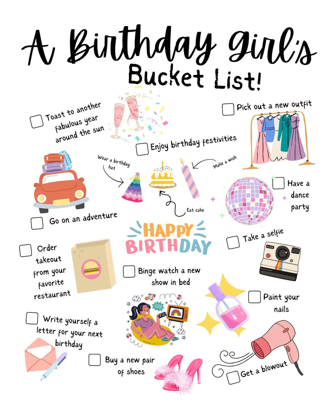 Birthday Girl Bucket List| Birthday Girl To-do List | Illustrated Print ...