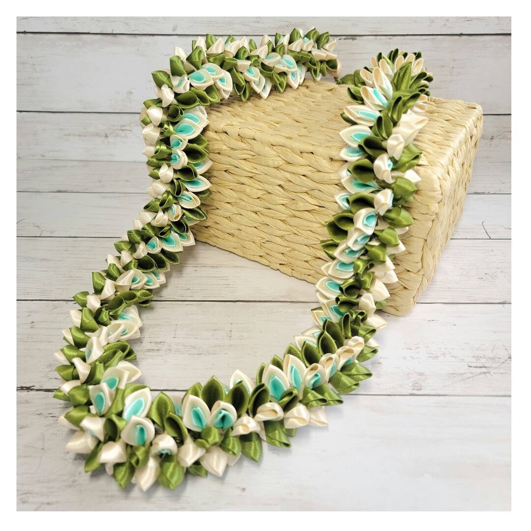 Cream, Turquoise and & Green Ribbon Flower Lei for Graduation or ...