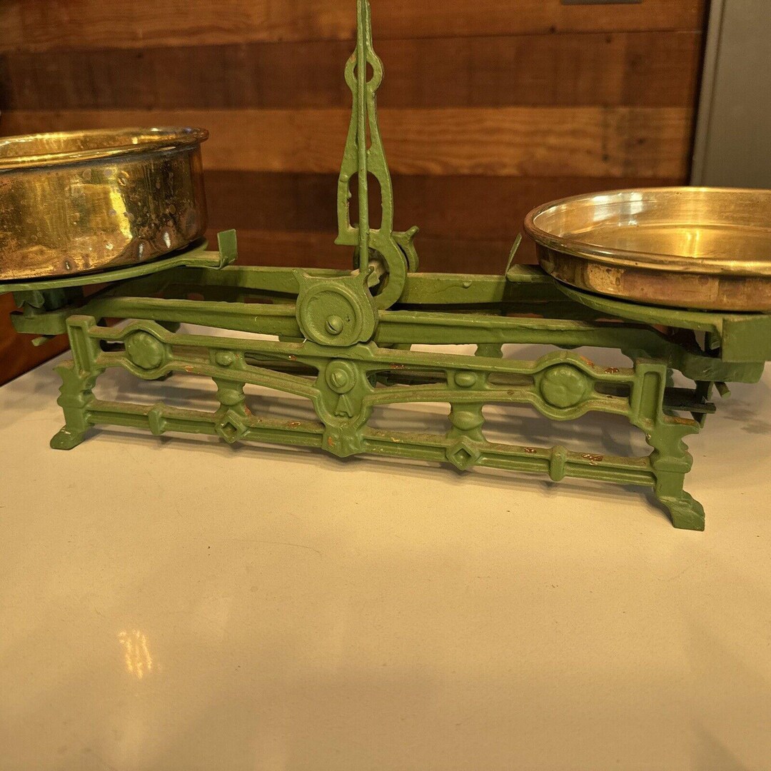 Antique Mercantile Kitchen Cast Iron Green Balance Scale Two Brass ...