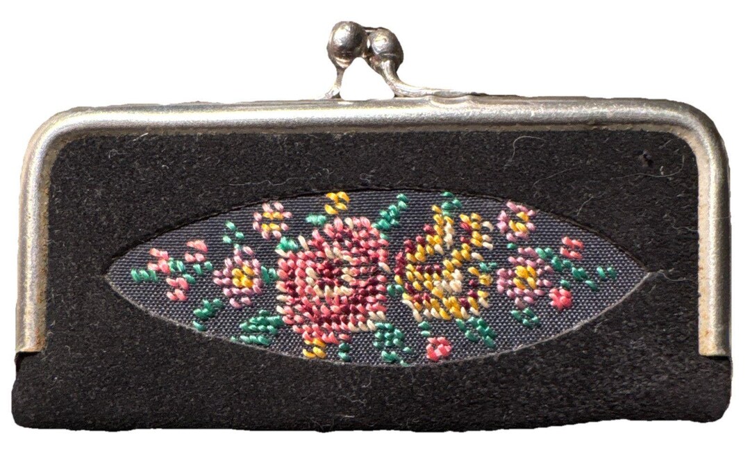 VTG MINI German Petit Point Needlepoint Black Suede Case 4 Tool ...