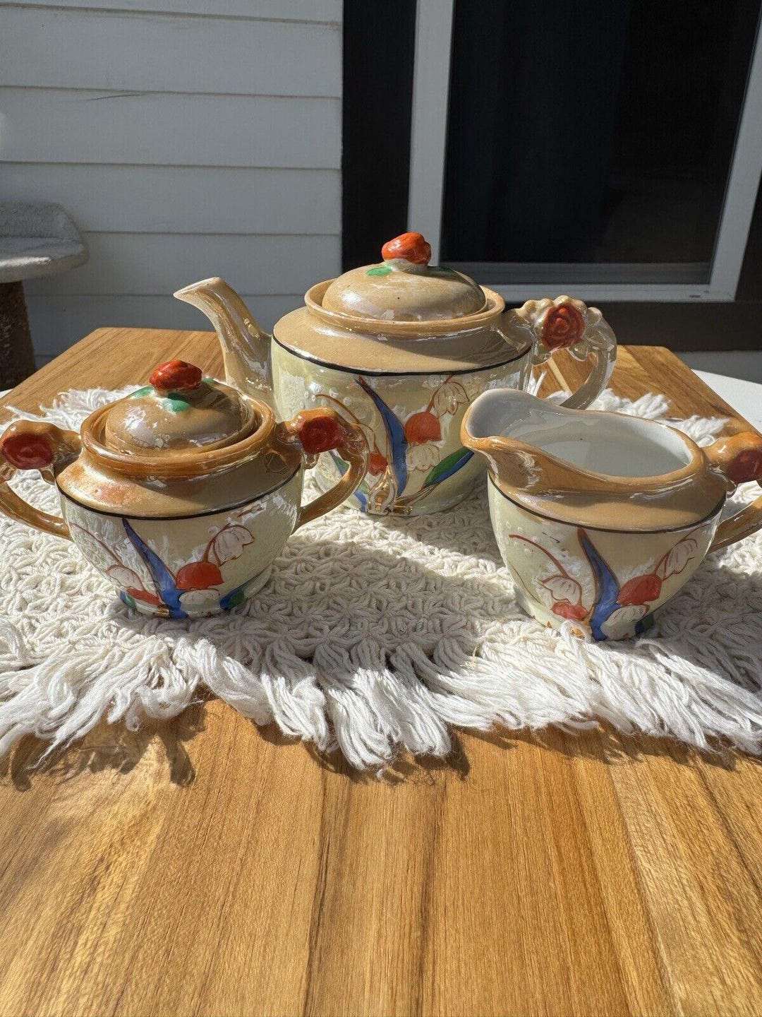 VTG Japanese Lusterware Takito Tea Set 3 Pieces Red Rose White and Red ...