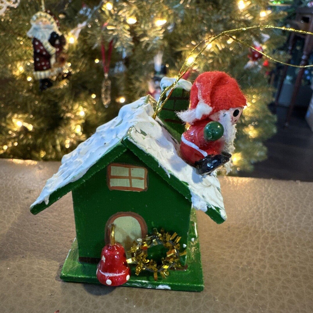 Russ Berrie Santa on Roof of Green House Gold Vintage Wood 2 Ornament ...