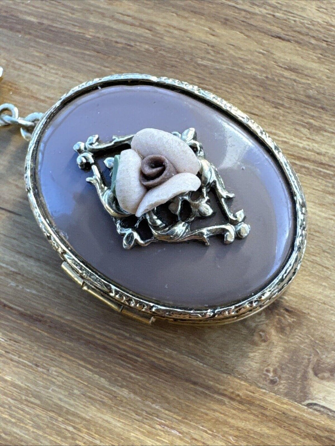 1928 Company Gold Tone Oval Lavender and Pink Rose Locket Pendent ...