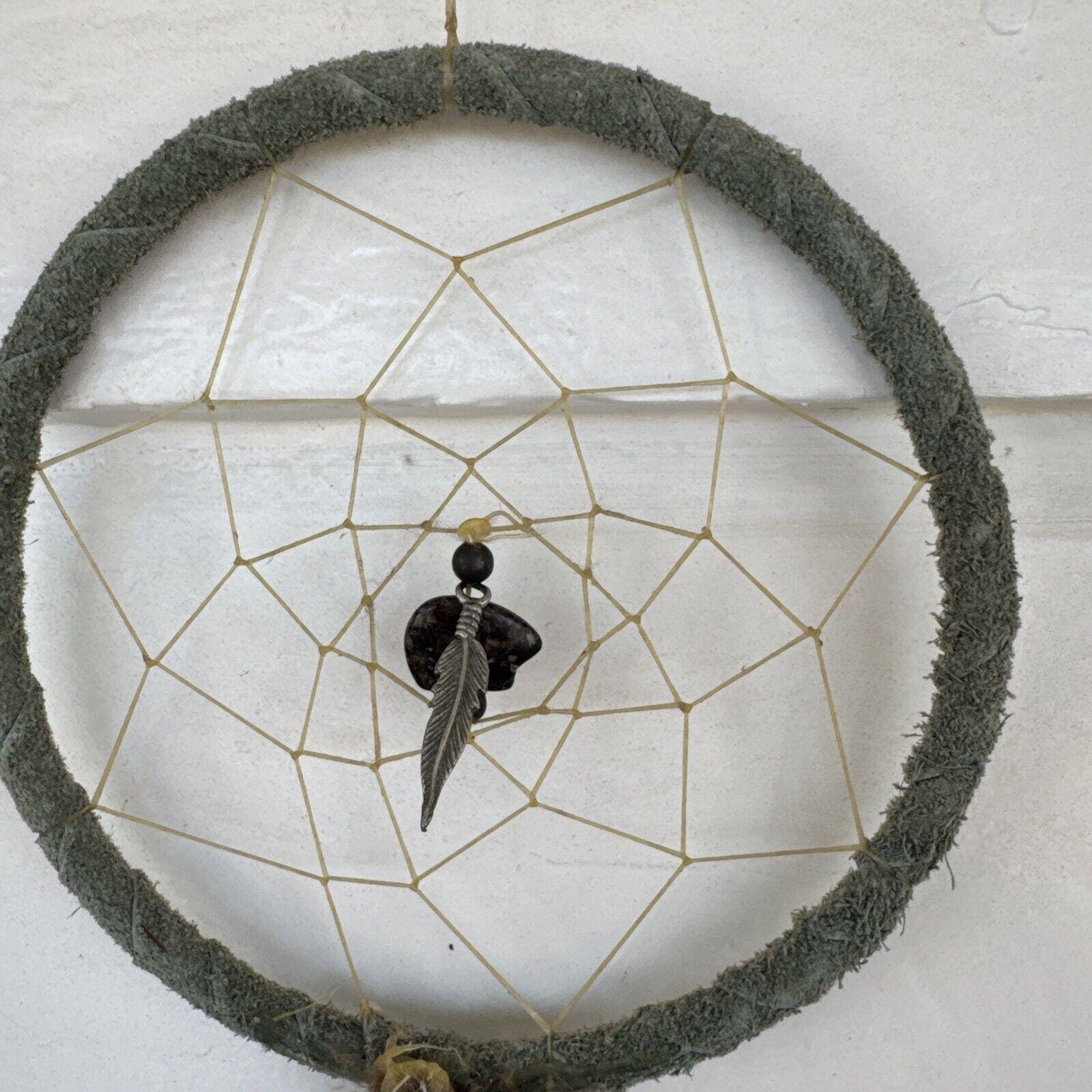 Small Green Web Woven Dream Catcher Net Buffalo Stone & Silver Feather ...