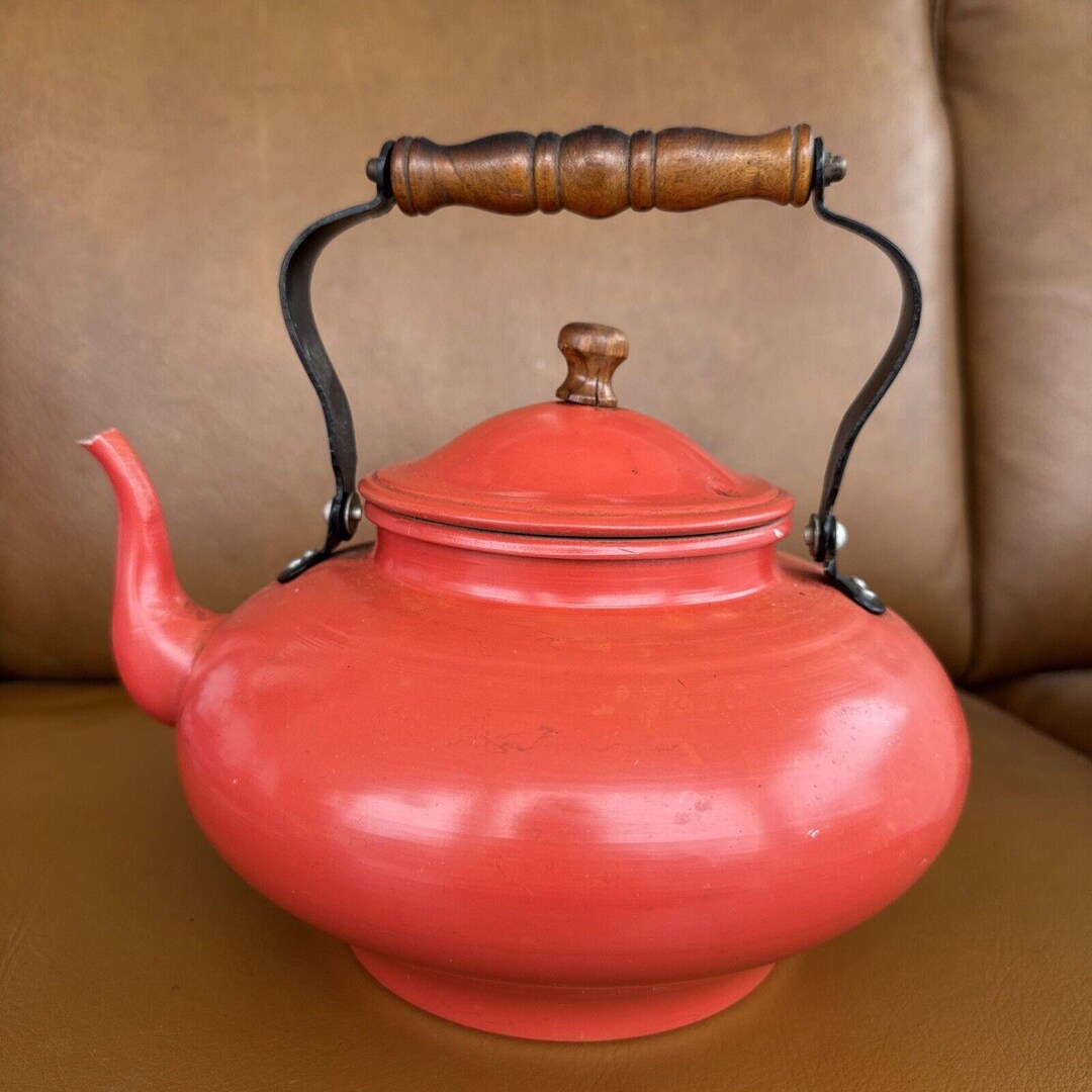 Red Orange Enamel Metal TEAPOT Rustic Black Iron Wood Handle Taiwan MCM ...