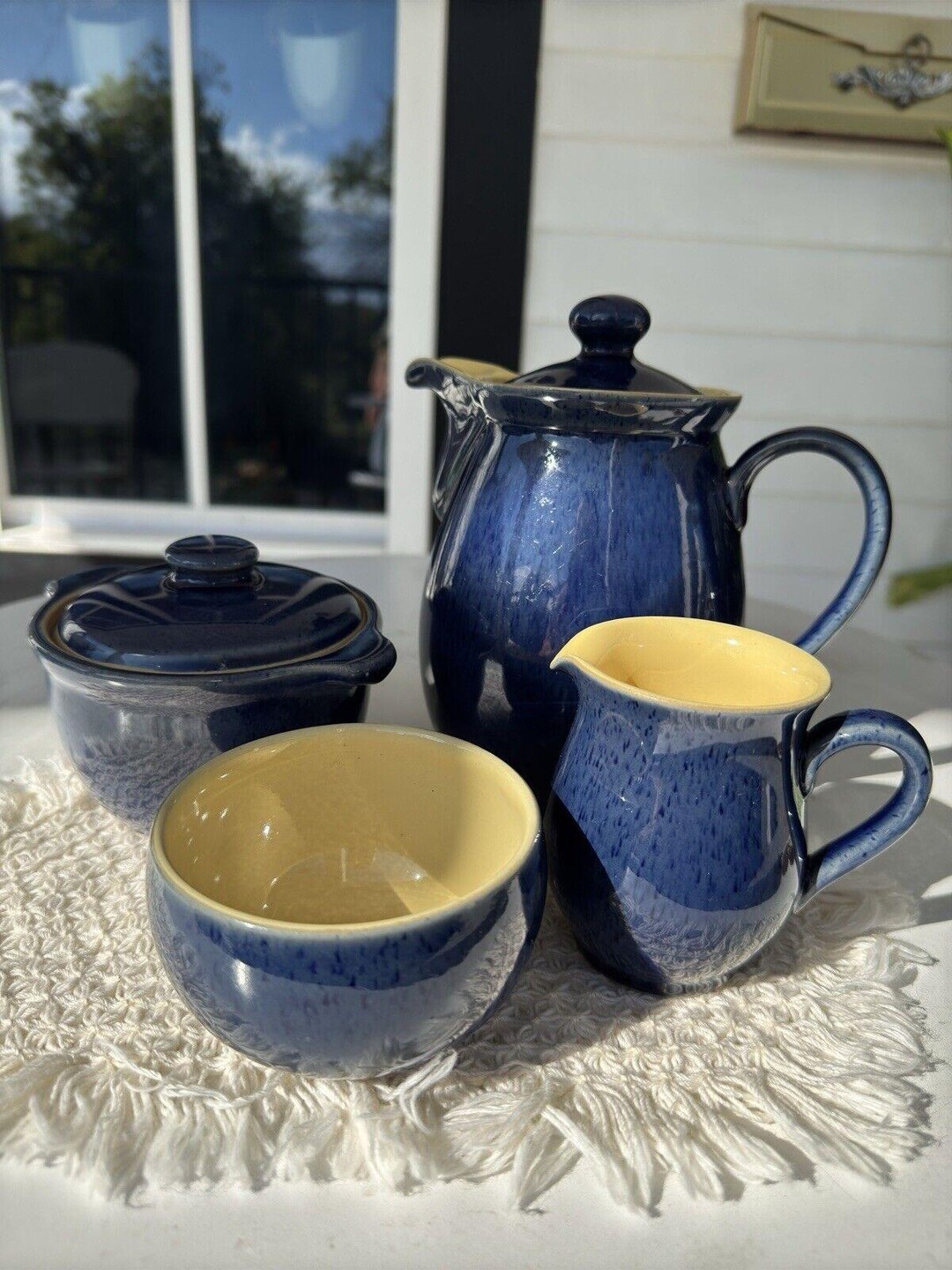 4 Piece Vintage Denby Cottage Speckled Blue & Yellow Marmite Tea/coffee ...
