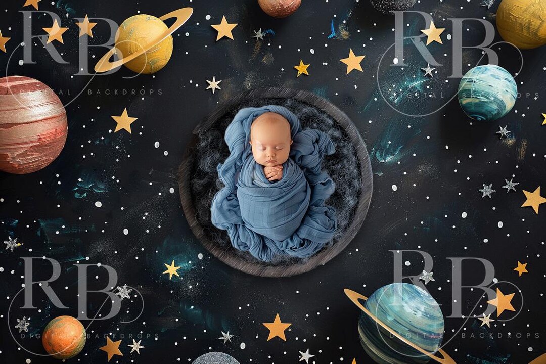 Space Colourful Planets Stars Moon Newborn Digital Backdrop, Baby ...
