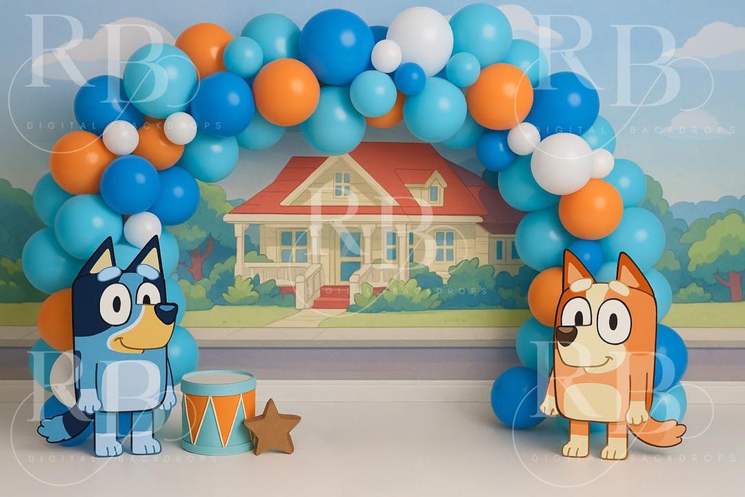 Blue Dog Balloon Arch Digital Backdrop Night Composite Background Bluey ...