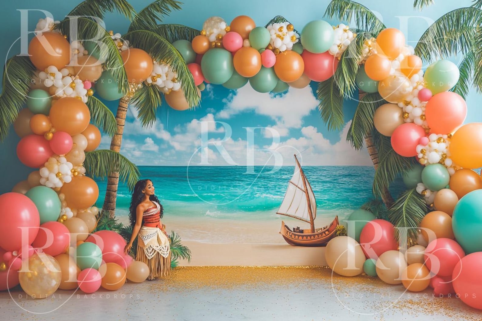 Moana Balloon Arch Digital Backdrop Composite Background Ocean Beach ...