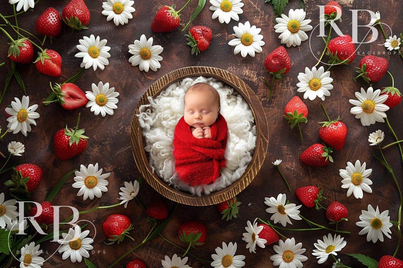 Strawberry Daisy Newborn Photography Digital Backdrop, Baby Photoshoot ...