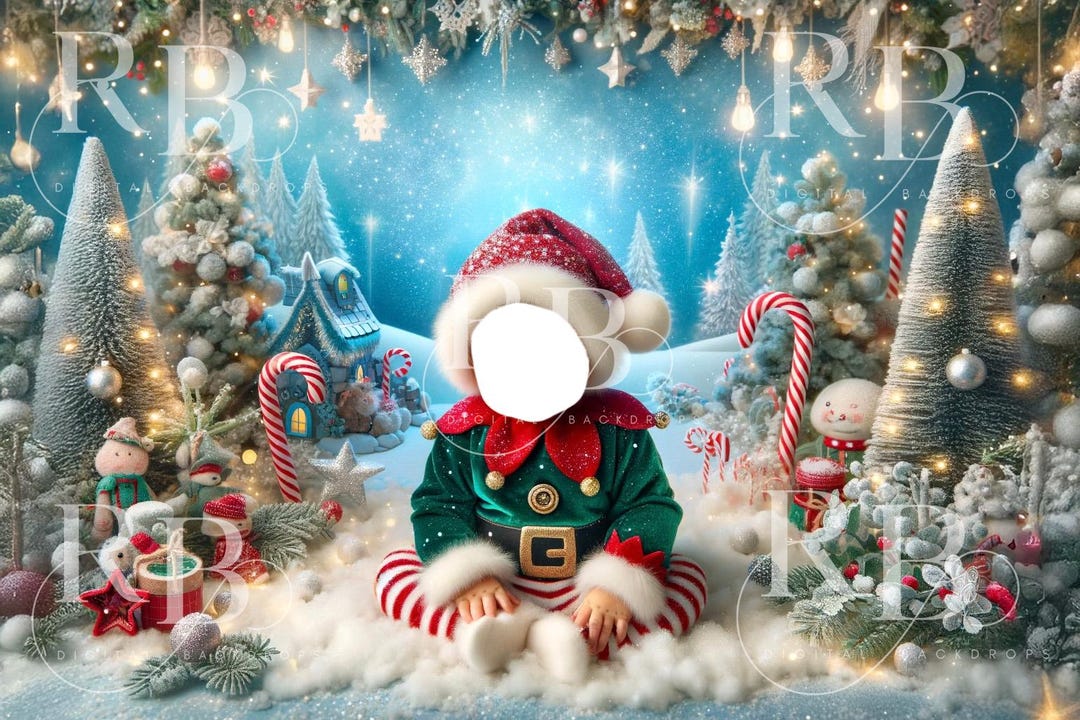 Christmas Santa Elf Face Insert Digital Backdrop Newborn Composite Baby Background Presents Tree ...