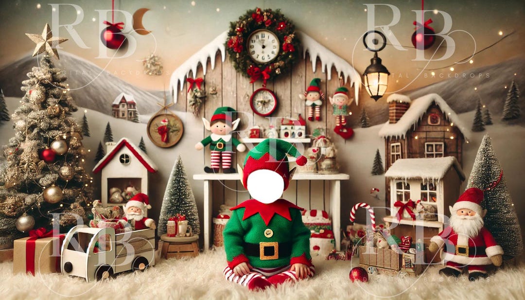 Elf Face Insert Newborn Digital Backdrop Composite Baby Background Christmas Presents Sleigh ...