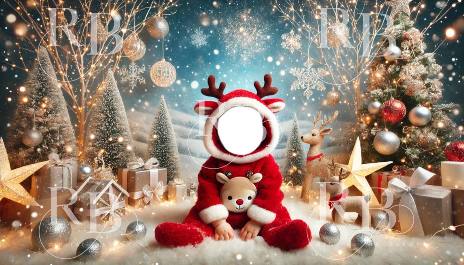 Christmas Reindeer Face Insert Digital Backdrop Newborn Composite Baby ...