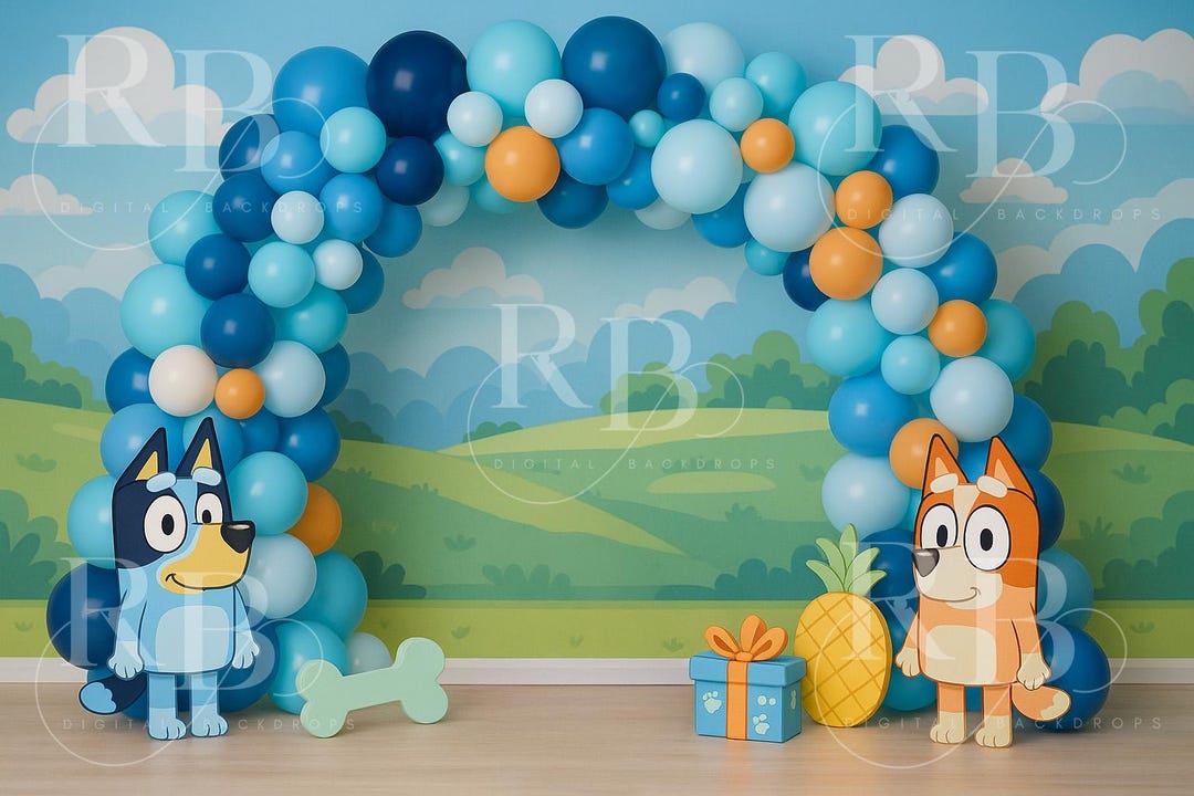 Blue Dog Balloon Arch Digital Backdrop Night Composite Background Bluey ...