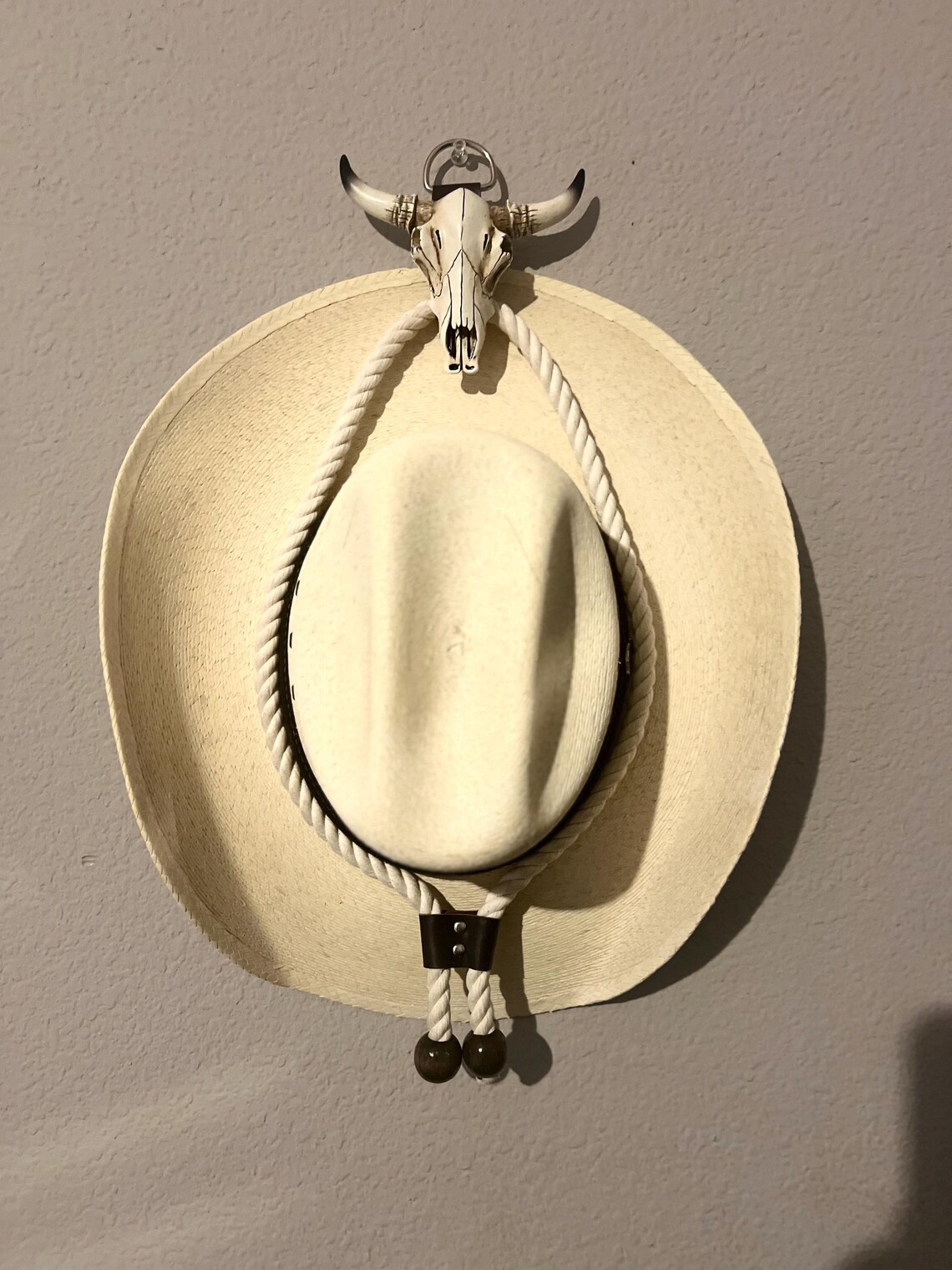 Ceramic Cattle Skull Cowboy Hat Hanger With Rope & Leather Accents - Etsy