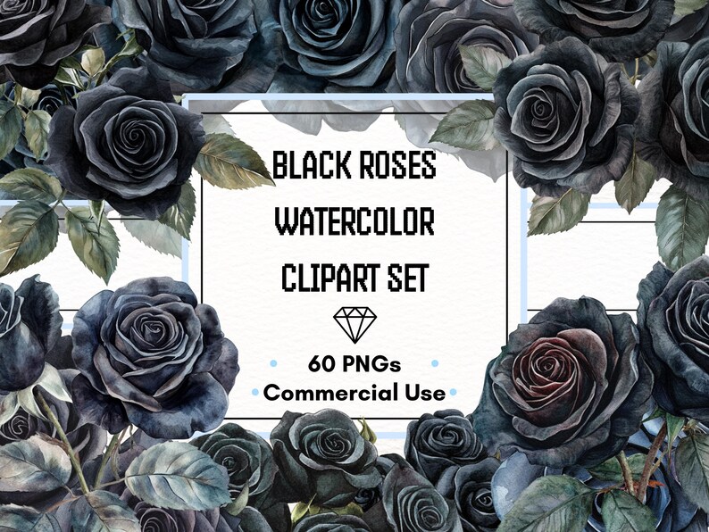 Black Roses Clipart Set – Watercolor Black Rose Bouquets & Stems | 60 ...
