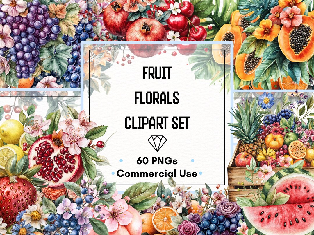 Fruit & Floral Clipart Set – Watercolor Fruit With Blooms and ...