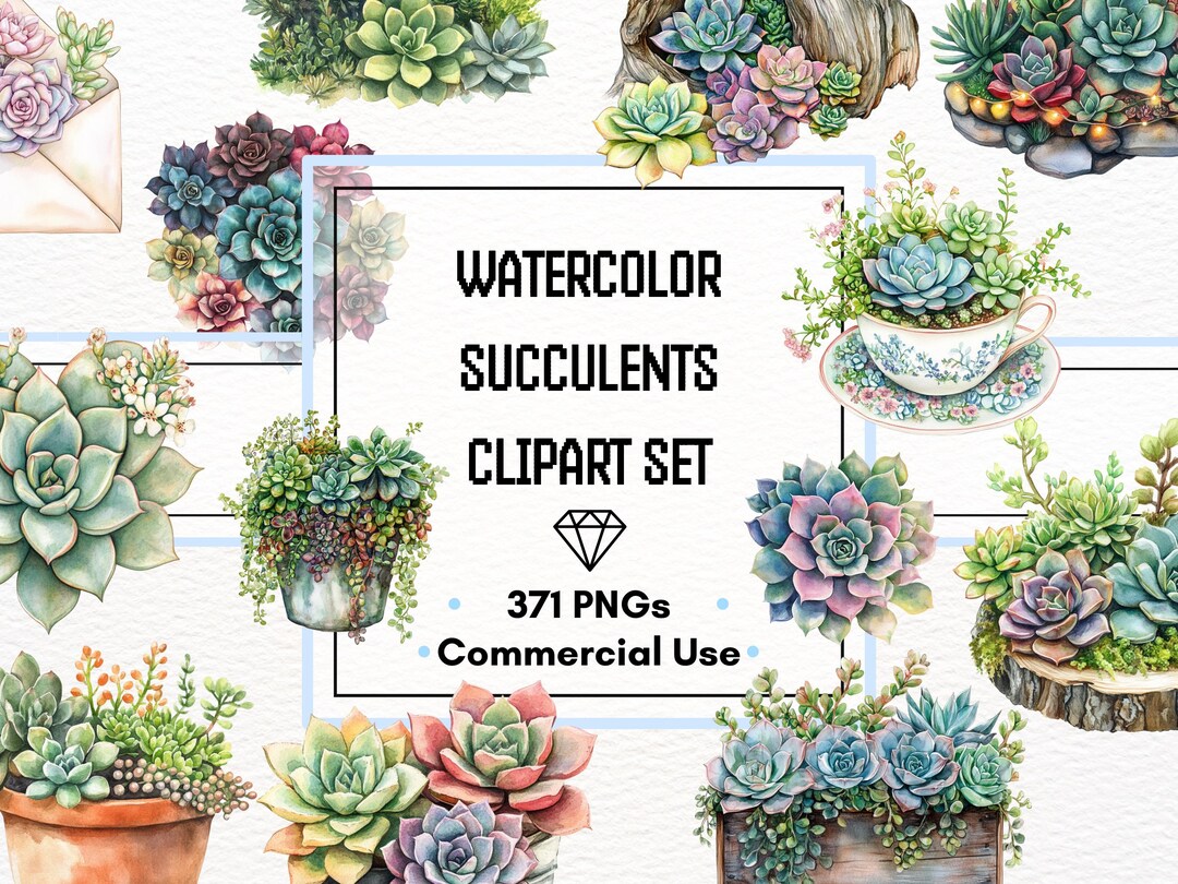 Succulent Clipart MEGA Bundle – 371 PNG Files | Watercolor Cacti ...