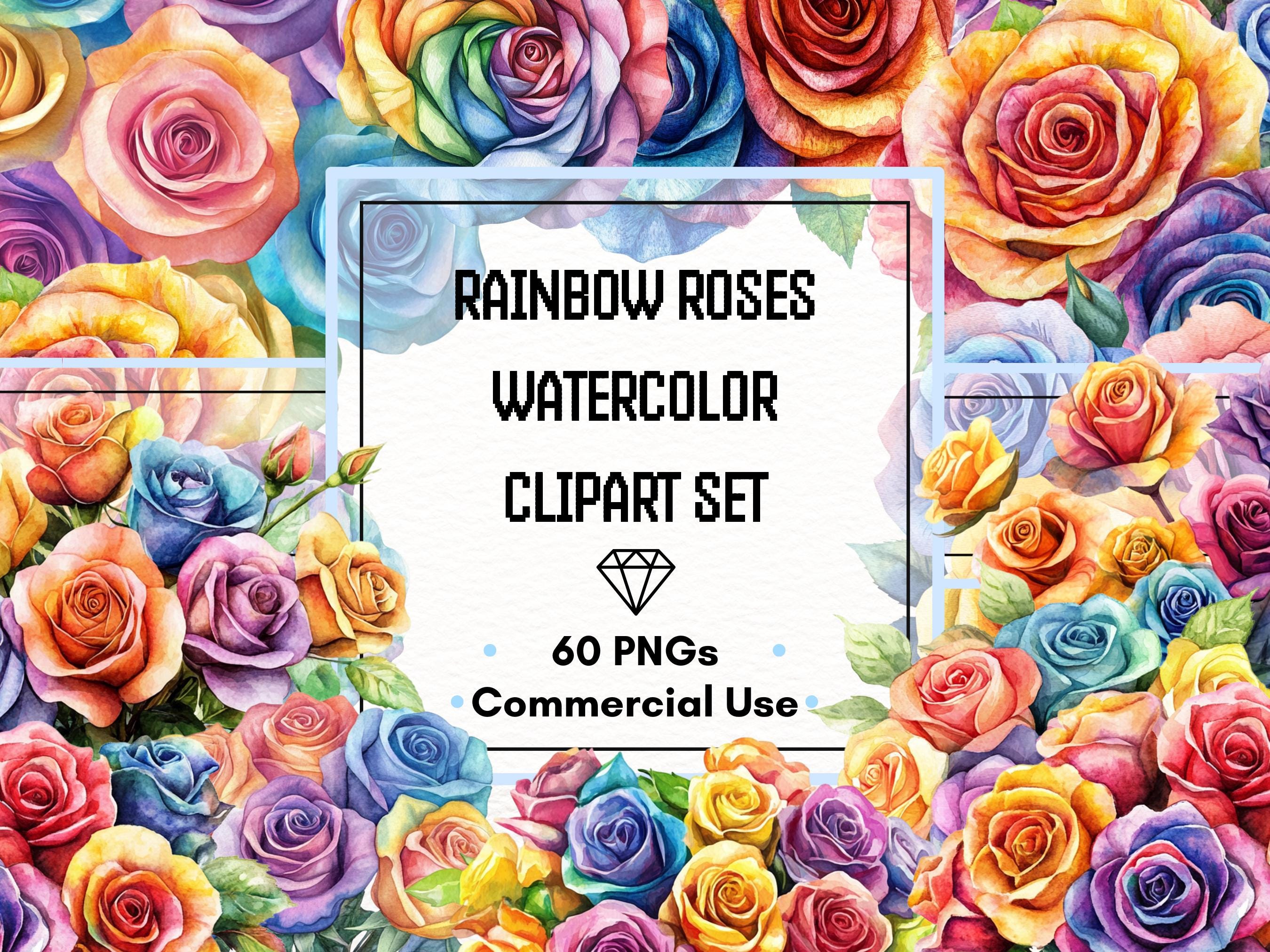 Rainbow Roses Clipart Set – Watercolor Rainbow Rose Bouquets & Stems ...