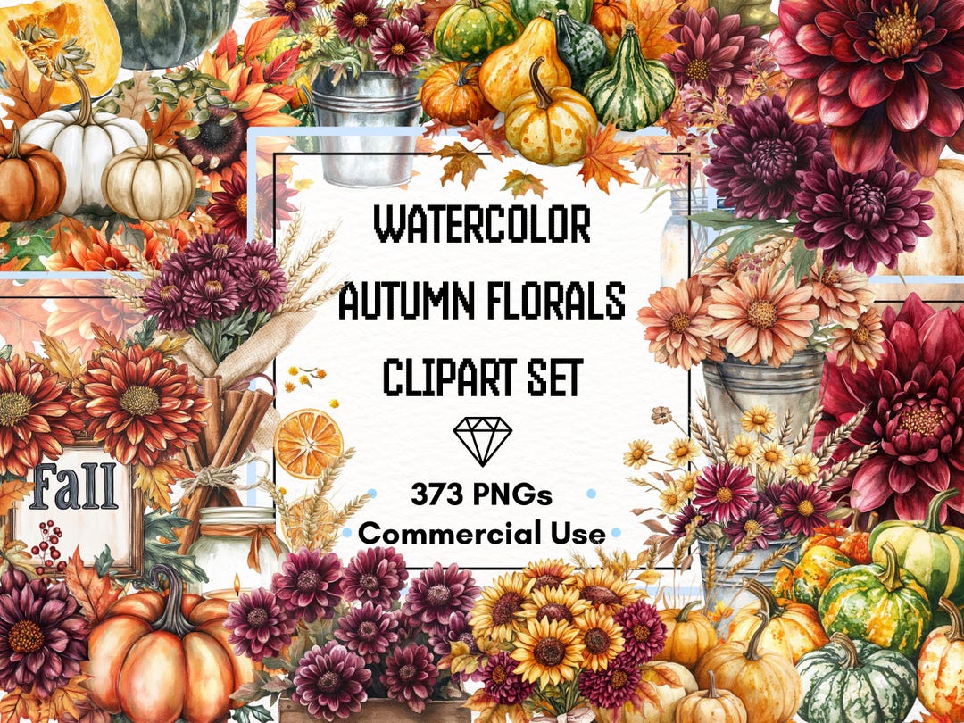Autumn Fall Florals Clipart MEGA Bundle – 373 PNG Files | Watercolor ...