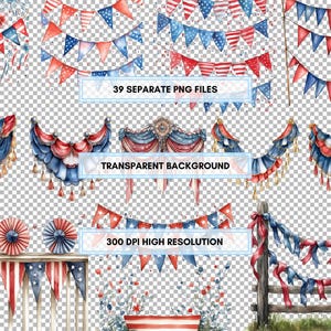 Patriotic Bunting Clipart Set – Red White and Blue Garland & Pennant ...