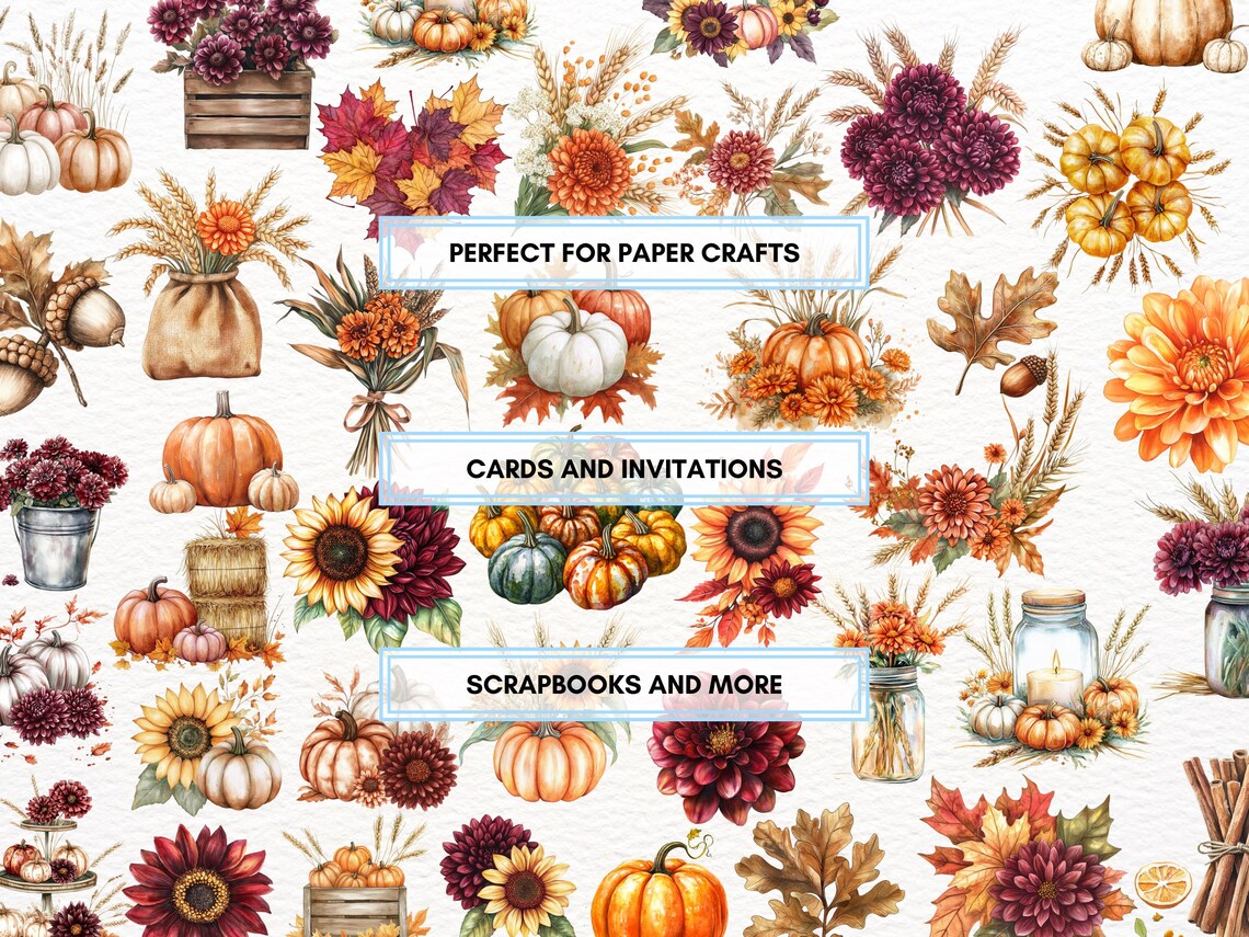 Autumn Fall Florals Clipart MEGA Bundle – 373 PNG Files | Watercolor ...