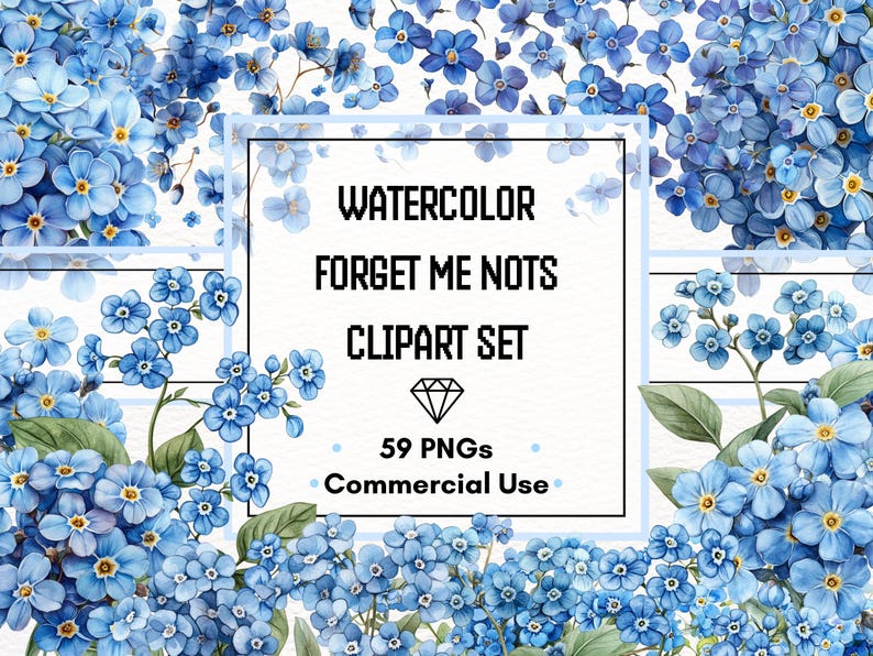 Forget-me-not Clipart Set – Watercolor Blue Blossoms & Sprigs | 59 PNG ...