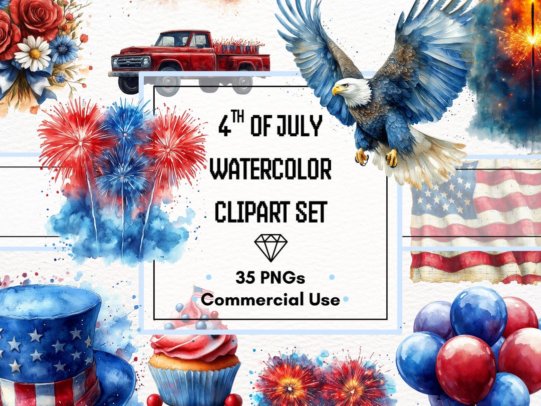 4th of July Watercolor Clipart Set – 35 PNG Files | Patriotic Fireworks ...