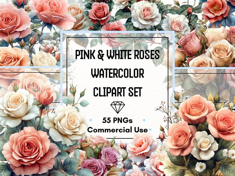 Roses Clipart Set – Soft Pink and White Watercolor Flowers, Bouquets ...