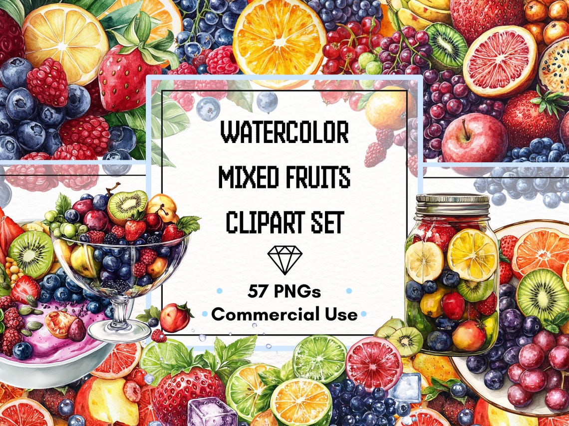 Mixed Fruits Clipart Set – Summer Fruit Salad, Bowls & Slices | 57 PNG ...