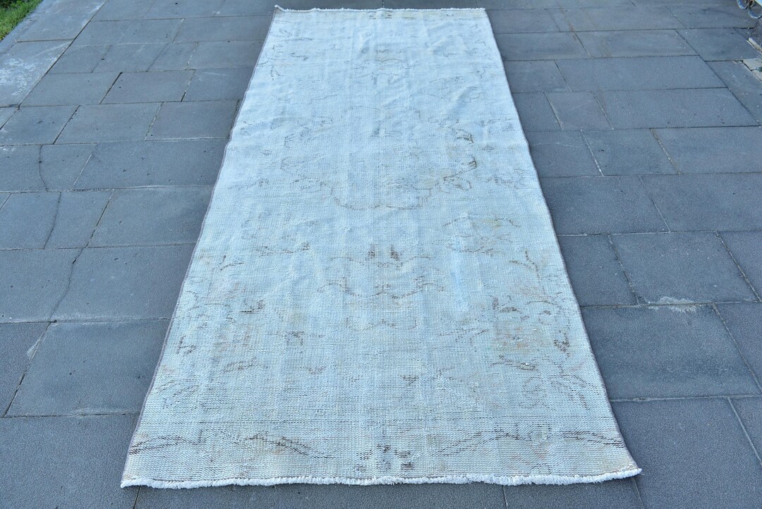 Vintage Turkish Rug 3.7x8.5 Ft (113x259 Cm), White Brown Bordered Rug ...