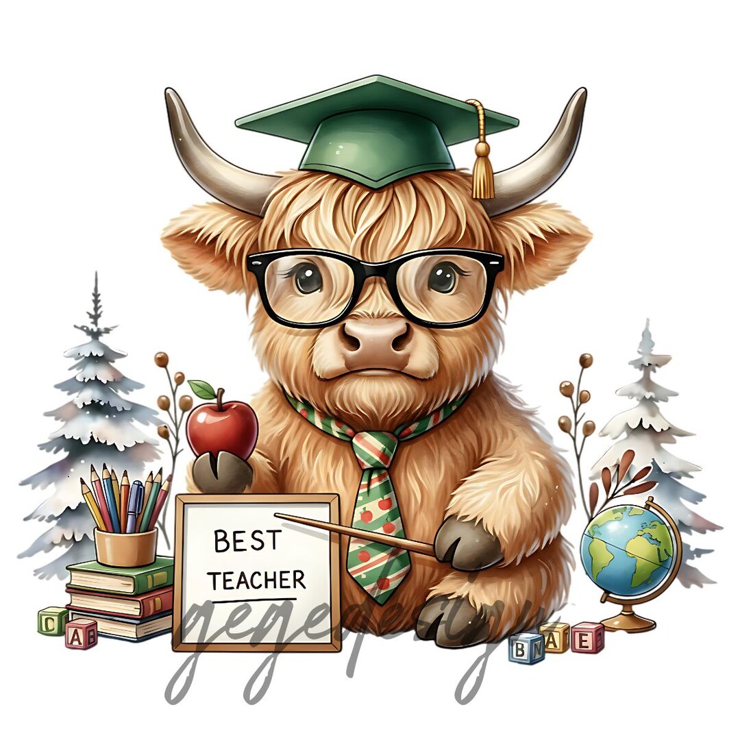 Teacher Cow Christmas PNG | Highland Cow Clipart (digital Download) - Etsy
