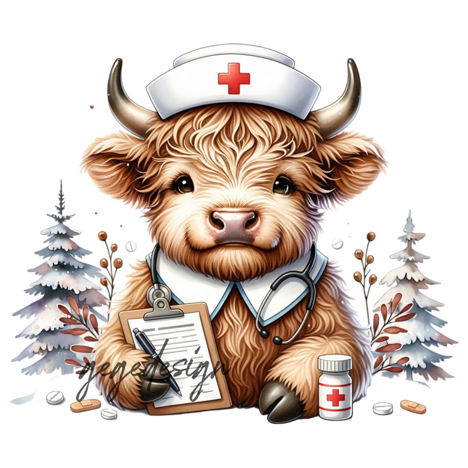 Cute Nurse Highland Cow Christmas PNG | Cute Winter Cow Clipart With ...